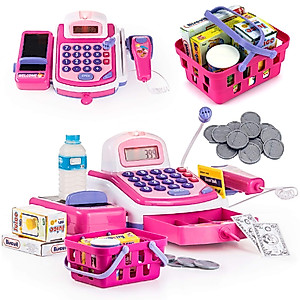 Prextex Grocery Store Pretend Play Electronic Toy Kids Cash Register Set - STEM Cash Register for Kids with Microphone, Play Money, and Food Basket - Kids Checkout Register with Scanner- Pink
