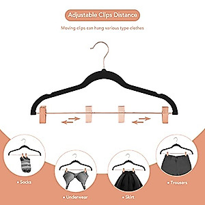 HOUSE DAY Velvet Pants Hangers with Clips 24 Pack, Ultra Thin Non Slip Velvet Skirt Hangers with Rose Gold Hooks Space Saving Clothes Hanger for Trouser, Skirts, Jeans, Dress, Coats (Black)