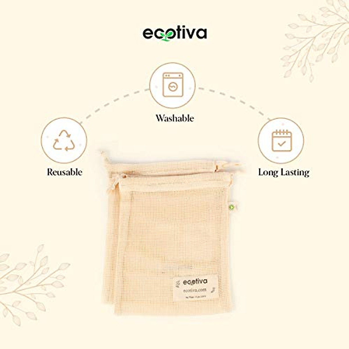 ecotiva Organic Reusable Produce Bags - Cotton Produce Bags - Cotton Mesh Produce Bags - Mesh Produce Bags Grocery Reusable - Mesh Bags For Produce
