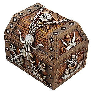 Old River Outdoors Pirate Chest Octopus/Skull & Crossbones Trinket Storage Mini Jewelry Box with Anchor, Chain, Sword and Ship Accents