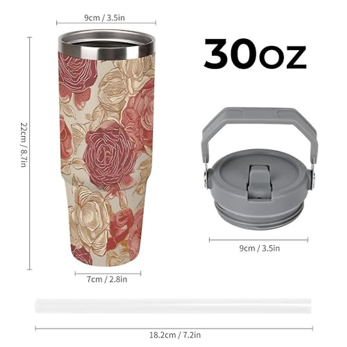 ZJCDPBR 30 Oz Tumbler with Foldable Handle And Flip Straw,Rose Vacuum Insulated Travel Coffee Tumblers,Stainless Steel Leak-Proof Water Bottle,Fits in Cup Holder,Keep Cold 24H & Hot 12H