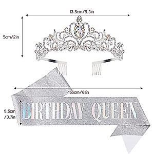 Casoty Birthday Queen Sash & Rhinestone Tiara Set, AB Rhinestones Birthday Crowns for Women, Happy Birthday Queen Tiara for Women with Comb, Birthday Tiara for Women, Birthday Sash and Tiara for Women