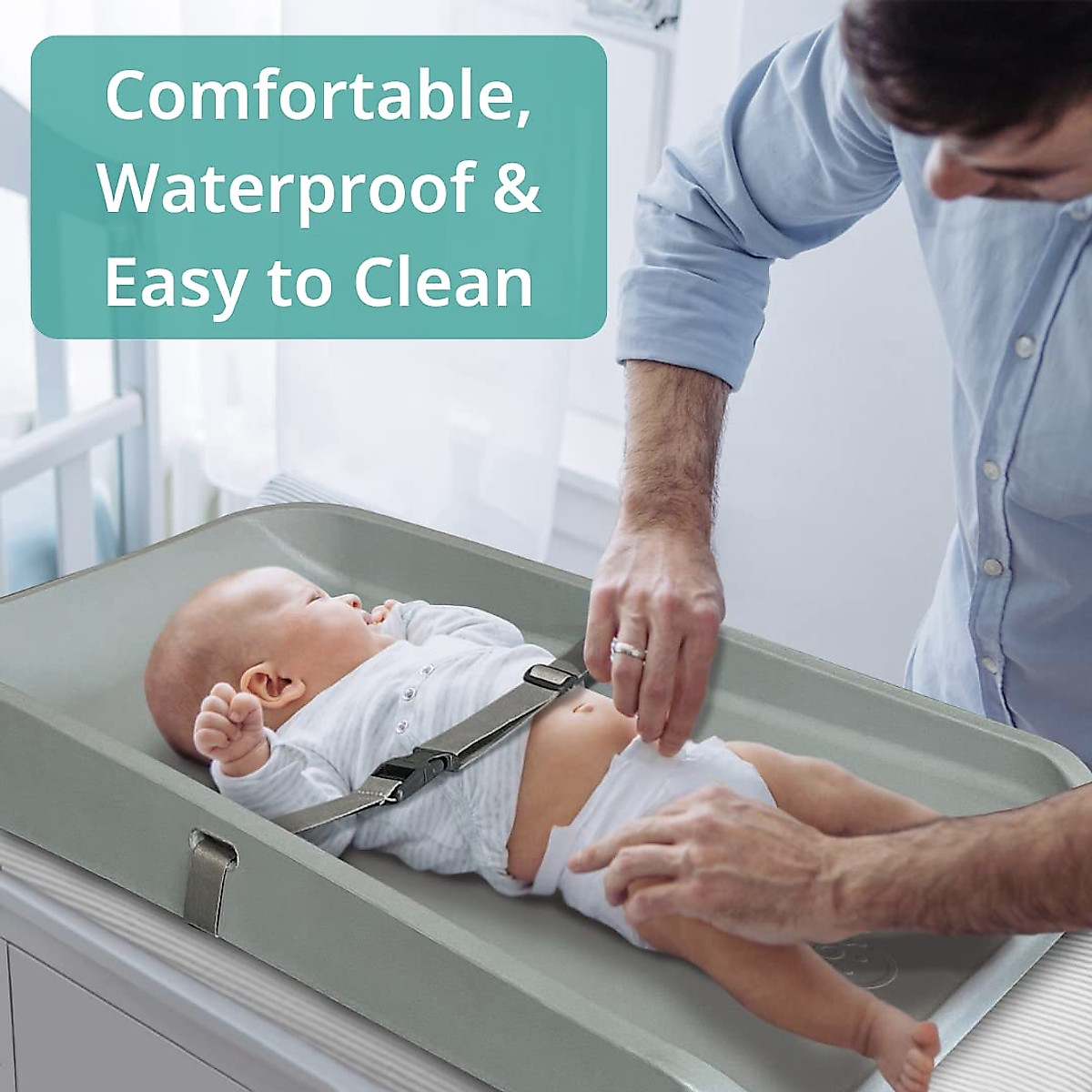 Baby Works - Deluxe Foam Baby Diaper Changing Pad, Easy to Clean, Soft and Comfortable, Safety Strap - Gray, 27.6 x 16.9 Inches