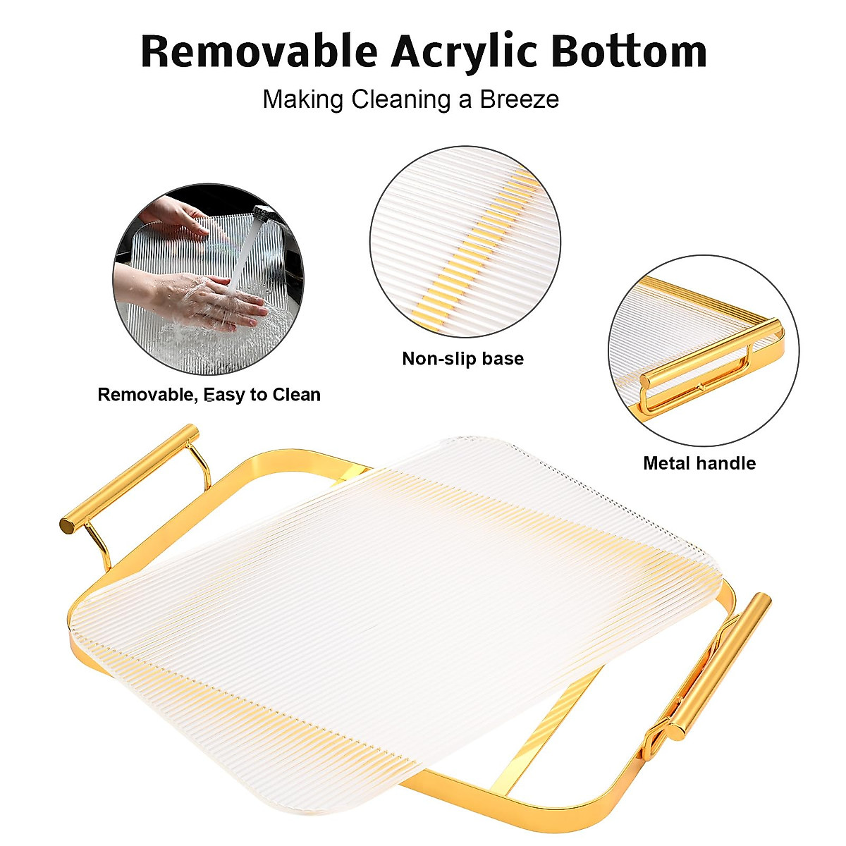 CoColemon Metal Serving Tray - 13.8"x10" Gold with Handles, Acrylic Bottom Decorative Tray for Ottoman,Coffee Table,Living Room and Bathroom