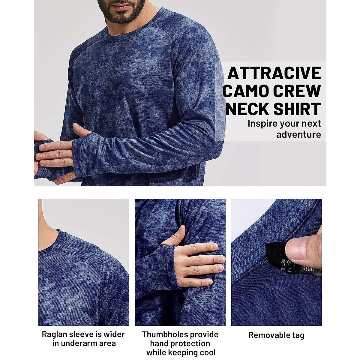 MIER Men's Long Sleeve Camouflage Shirts UV Protection Fishing Hiking Camo T-Shirts with Thumbholes Dry Fit, Ocean Blue, M