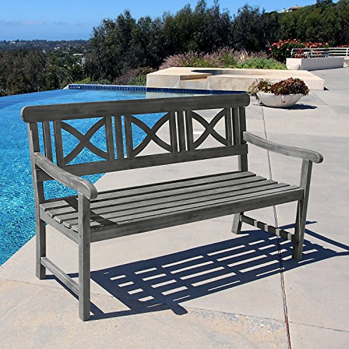 Vifah V1299 Coronado Grey-Washed 5Ft X-Back Acacia Weathered-Wood Bench for 3 Seater in Entry Way