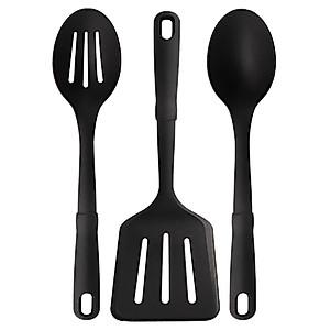Mainstays 3-Piece Kitchen Utensil Set, Slotted Spatula, Slotted Spoon and Solid Spoon, Black, Nylon
