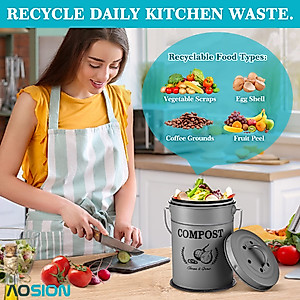 AOSION Countertop Compost Bin Kitchen,Odorless Indoor Compost Bin with Lid and Compost Bags,Compost Bucket Composter Container for Food Waste,Grey