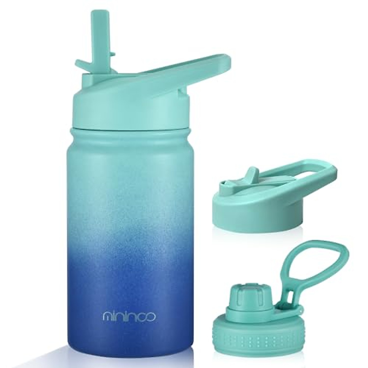 Mininoo Insulated Kids Water Bottle, 12 oz Stainless Steel Water Bottle Kids with Straw Lid and Chug Lid for Girls, Boys (Sky/Blue)