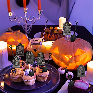 Halloween Cupcake Toppers Cake Decorations Tombstones Graveyard Cupcake Toppers with Novelty Mini Shovel Spoons for Halloween Party, Birthday Party Decoration Supplies 48 Pieces