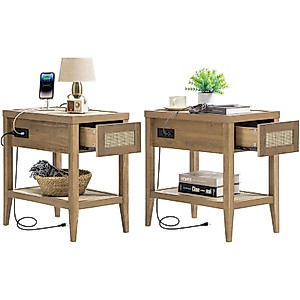 SICOTAS Rattan Nightstands Set of 2 - Boho Night Stand with Type-C Charging Station & Rattan Drawer - Bed Side Table End Table for Bedroom Living Room - Natural Oak
