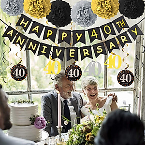 40th Anniversary Decorations Kit - 16Pcs - Including 1Pcs Happy 40th Anniversary Banner, 9Pcs Sparkling 40 Hanging Swirl, 6Pcs Poms - 40th Wedding Anniversary Party Decorations Supplies