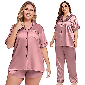 SWOMOG Women Plus Size Pajama Set 4pcs Silk Satin Sleepwear Button Down Pjs Cami Shorts Set Loose Loungewear 16W-26W Misty Rose