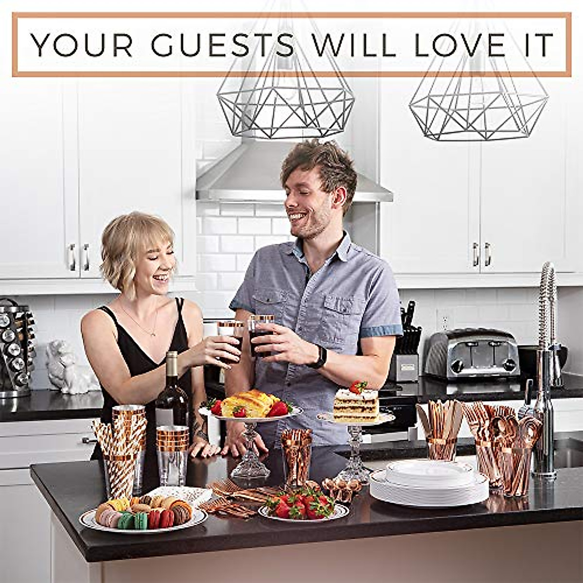 SIRSIMON 250 Piece Disposable Rose Gold Plastic Dinnerware Set - 50 Rose Gold Plastic Plates - 25 Rose Gold Plastic Silverware - 25 RoseGold Cups and Straws - 50 Fancy Napkins, Wedding or Party of 25