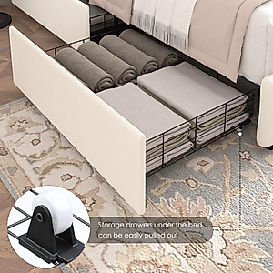 Keyluv Modern Upholstered Bed Frame with 4 Storage Drawers, Button Tufted Headboard Design, Solid Wooden Slat Support, Easy Assembly, Fabric, Beige, Queen Size
