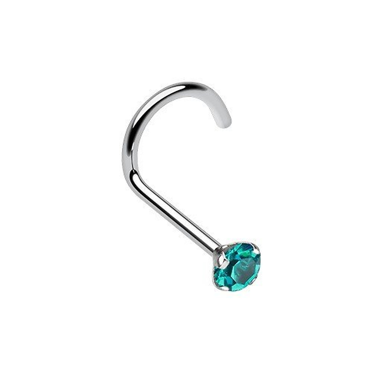 Prong Set Gem Top Steel Nose Screw Ring (20 GA, Length: 7mm, Ball Size: 2mm, Teal)