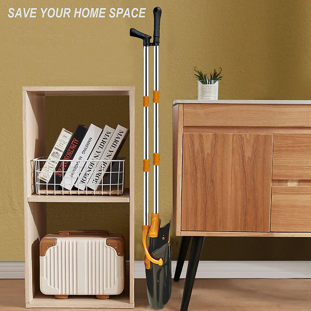 Broom and Dustpan Set - Upright Dustpan and Broom Combo Set - Self Cleaning with Dustpan Teeth Standing Dust Pan for Home Kitchen Easy Assembly, Orange