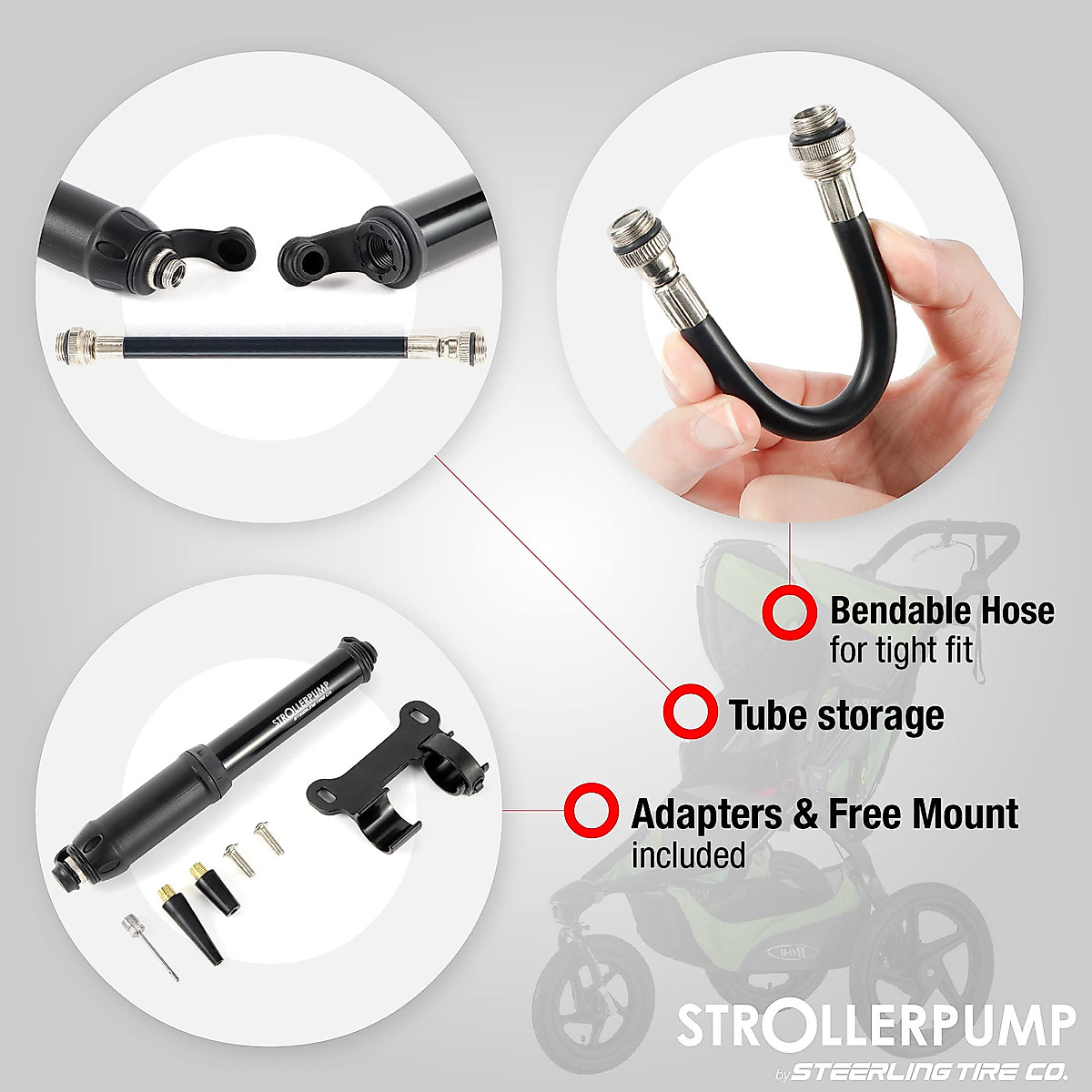 StrollerPump by Steerling Tire Co.- Portable Stroller Tire Pump Compatible with Graco, Baby Trend, BOB Stroller & More *UNCAP Stroller Pump to FIND The Bendable Hose* Valve Adaptors & Mount Included