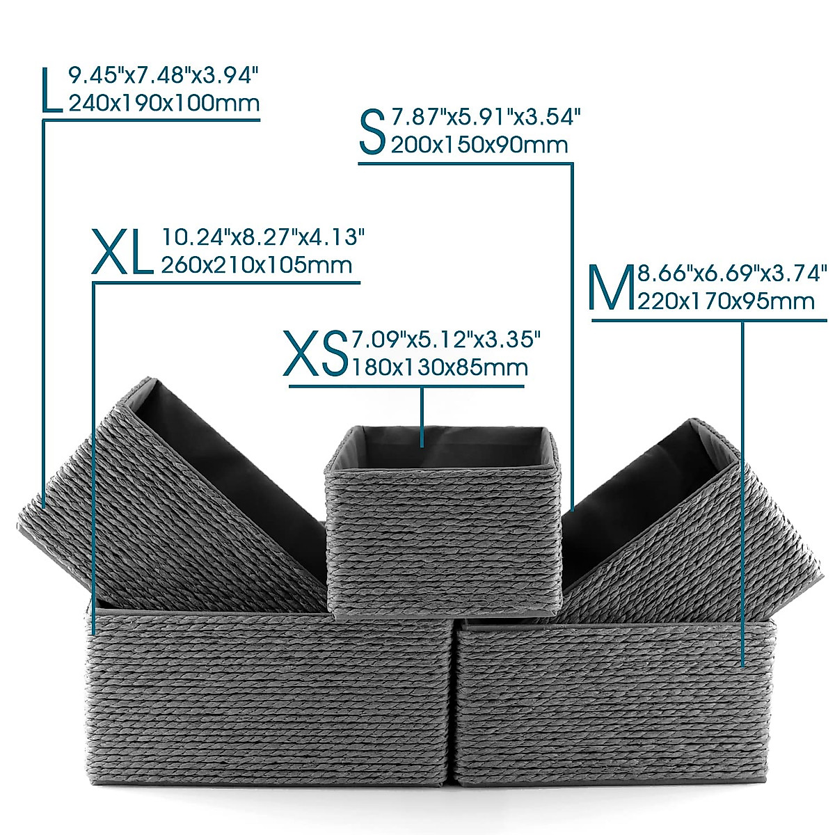 Acrola Premium 5-Pack Woven Paper Rope Storage Baskets, Multi-Size, Stackable, Versatile Organziers, Decorative Bins with Durable Fabric Liner for Home, Office, Nursery, and Bathroom, ST05002 (Grey)