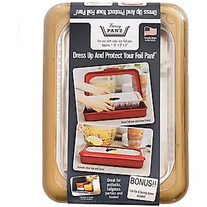 Fancy Panz 9x13- Inch Foil Cake Pan Dress Up & Protect Your Foil Pan Made in USA, Foil Pan & Serving Spoon Included. Hot or Cold Food. Stackable for easy travel. (Gold Swirl Cake Pan), FPC07G