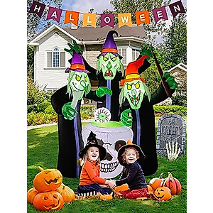 Lanstics Halloween Inflatable Outdoor, 6.2FT Witch Inflatable Yard Decoration 3 Witch Around Cauldron with LED Light Green Eye Skull Halloween Blow Up Decoration for Lawn Party Home Decor…