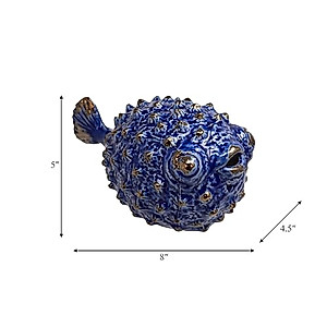 8" Puffer Fish Sculpture - Ceramic Blue Fish Figurine - Ocean Beach Theme - Contemporary Coastal Decorative Accent Statue for Home or Office Decor