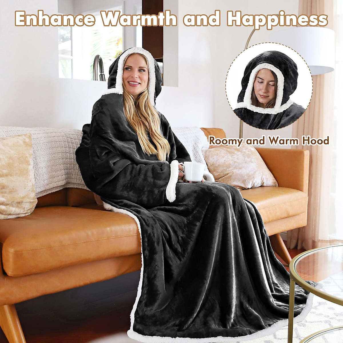 Tirrinia Sherpa Hood Wearable Blanket for Adult Women and Men, Super Soft Comfy Warm Plush Throw with Sleeves TV Blanket Wrap Robe Hoodie Cover for Sofa, Couch 72" x 55" Black