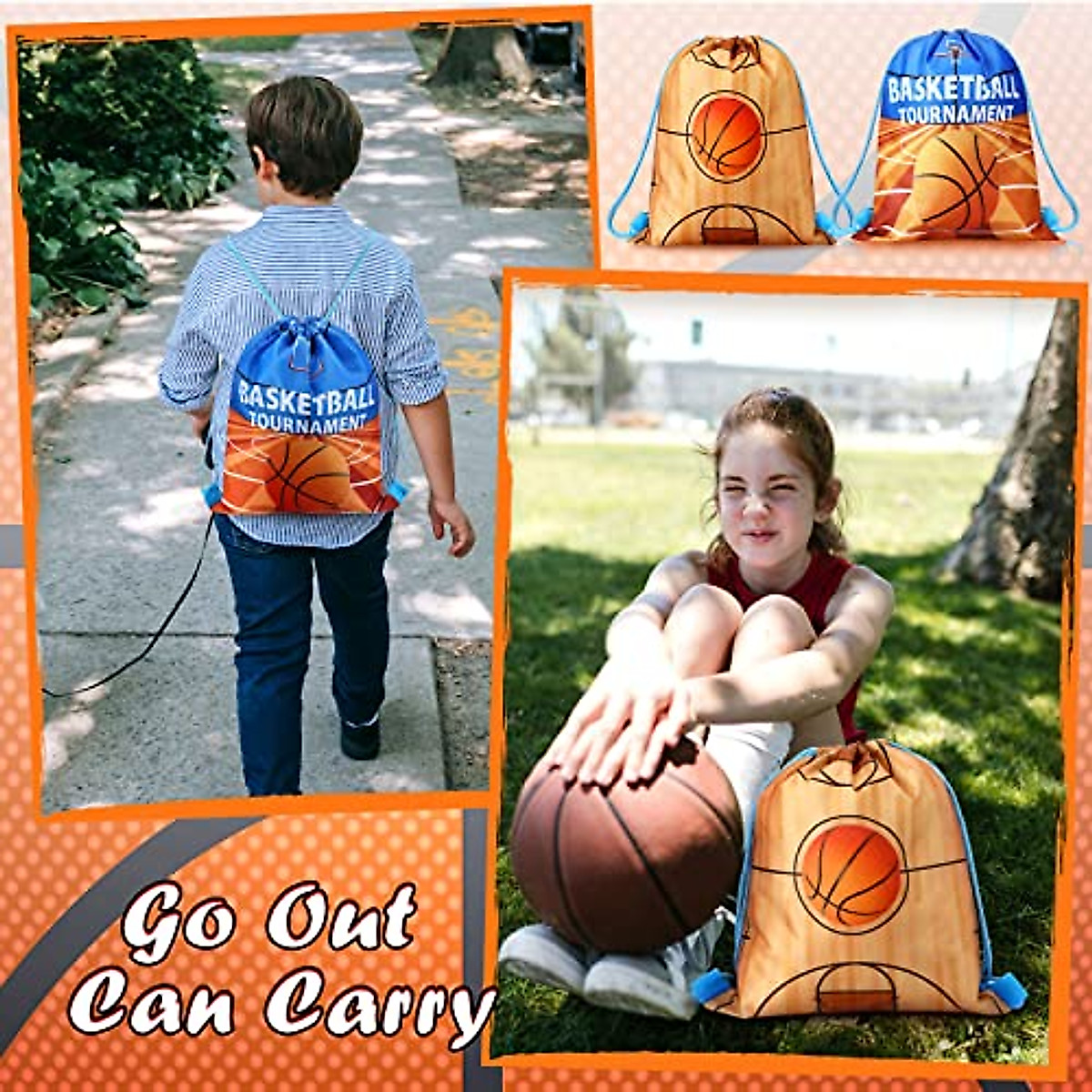 18 Pcs Basketball Party Favor Sports Drawstring Present Bags Travel Basketball Goodie Bags Basketball Gym Gift Bags for Kids (12 x 14 Inch)