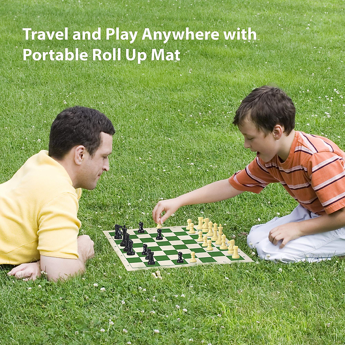 Sterling Games Extra Large 20" x 20" Roll Up Chess Mat and Chess Pieces Set, Tournament Chess Pieces, Green Vinyl Travel Chess Mat