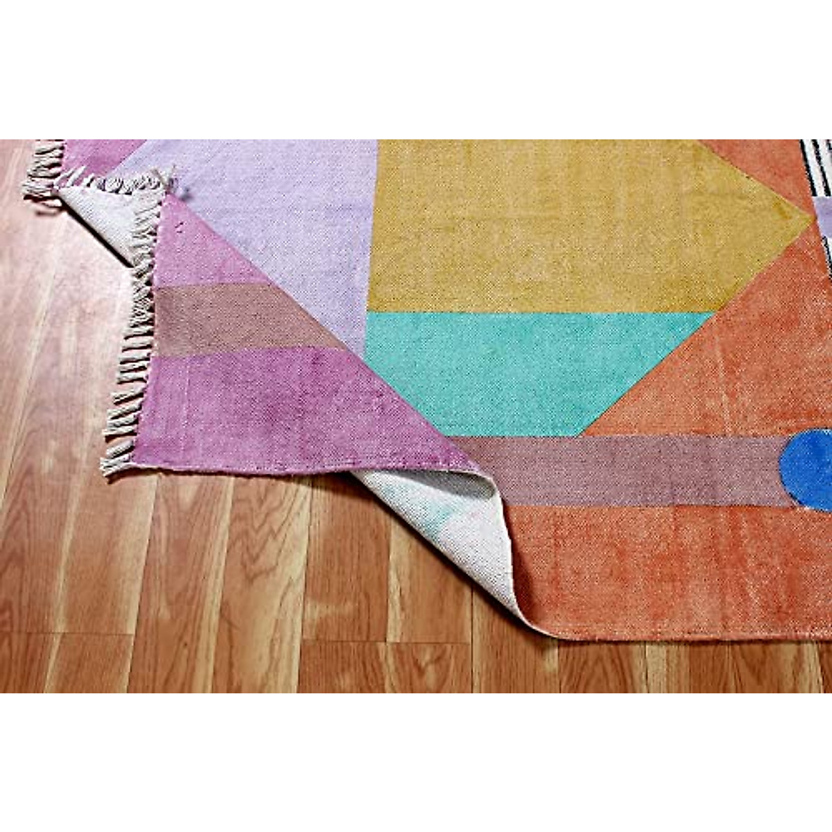 Casavani Indian Handmade Cotton Dhurrie Geometric Pink & Orange Area Rug Boho Kilim Flat Weave Rug Indoor Hall Room Decor Carpet Throw Rugs for Bedroom Living Room Bathroom Balcony 2x3 Feet