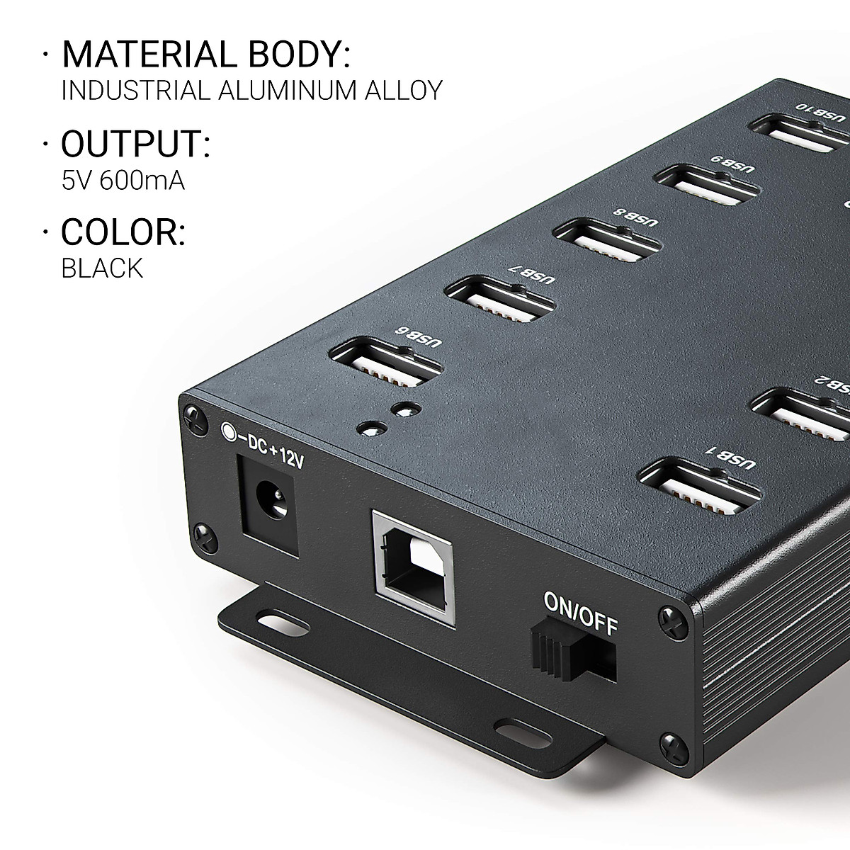 SotMa 10 Port USB 2.0 Hub - USB Hub - Powered USB Hub for Mining - Multiple USB Port Hub - USB Splitter Hub with 12V 5A Power Adapter, LEDs, Mounting Bracket - Black