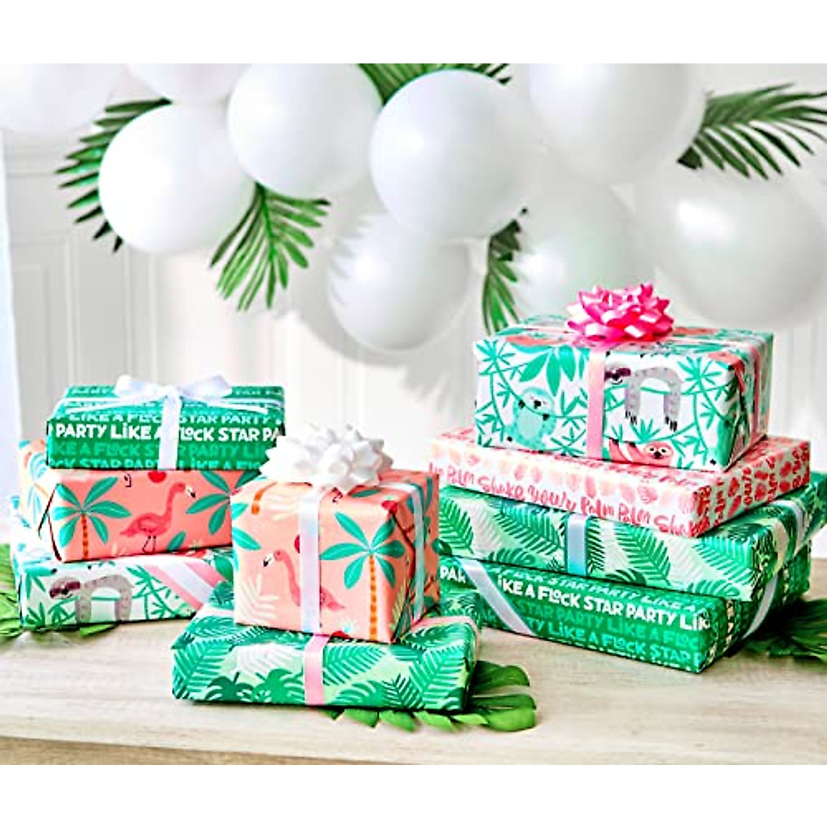 American Greetings Reversible Palms, Sloths, Flamingo Wrapping Paper for All Occasion, Green and Pink (3 Rolls, 120 sq. ft.)