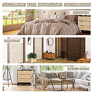 LAZZO Rattan 3 Drawer Wood Dresser Boho Large Storage Cabinet Nightstand Chest for Bedroom Mid Century Modern Chest of Drawers Wide Closet Dresser Storage Organizer