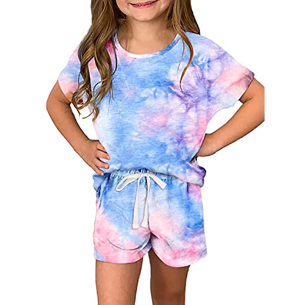 Dokotoo Girls Summer Cute T-Shirt Shorts Set Outfits Short Sleeve Tops Tee Shirts Clothes Crew Neck Tie Dye Stretchy Shorts Fashion Clothing with Side Pockets Size 8-9 Sky Blue