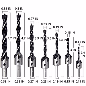 MEIGGTOOL 23pcs Woodworking Chamfer Drilling Tool, 8pcs Wood Plug Cutter Drill, 7pcs Three Pointed Countersink Drill Bit with L-Wrench, 6pcs 1/4" Hex 5 Flute 90 Degree Countersink Drill Bits