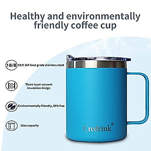 Credrink 15 oz Insulated Coffee Mug，Handle cup with sliding lid,，Stainless Steel Aqua Bottle，Double Wall Vacuum Insulated Trave Mug, Keep Warm for 6 Hours, Refrigerate for 12 Hours(blue Coffee Mug)