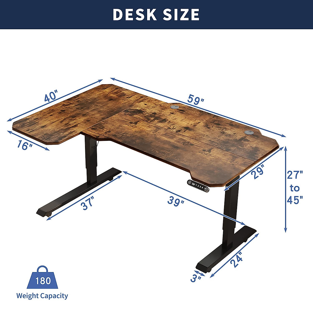 59'' L Shaped Electric Height Adjustable Standing Desk, Sit to Stand Home Office Computer Desk with Black Frame & Rustic Brown Top