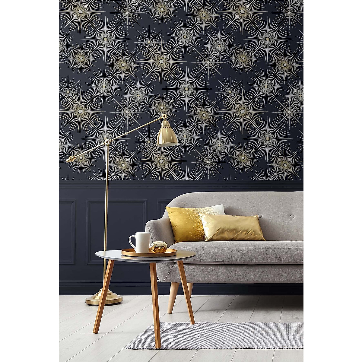 NextWall Starburst Geo Mid Century Peel and Stick Wallpaper (Midnight Blue & Metallic Gold)