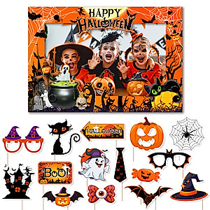 Halloween Party Decorations - 16PCS Halloween Photo Booth Props for Halloween Birthday Party Supplies (Orange)