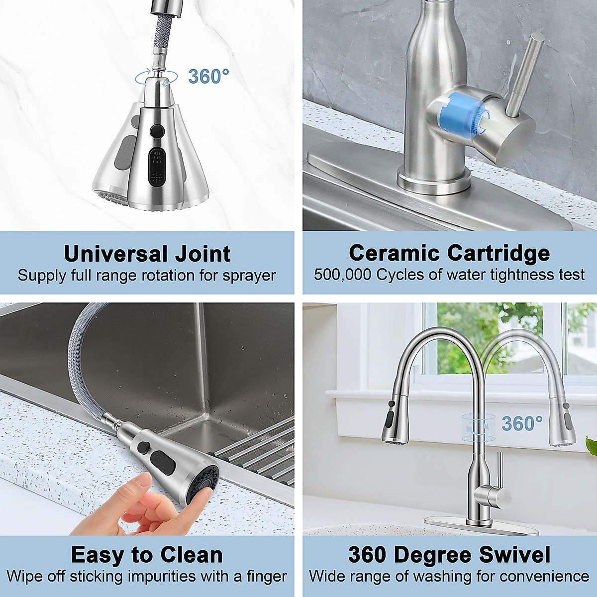 Homikit Kitchen Sink Faucet Brushed Nickel with Pull Down Sprayer, 304 Stainless Steel Kitchen Faucets with Deck Plate for 1 or 3 Hole, High Arc Commercial Faucet for Farmhouse Laundry Utility Rv Bar