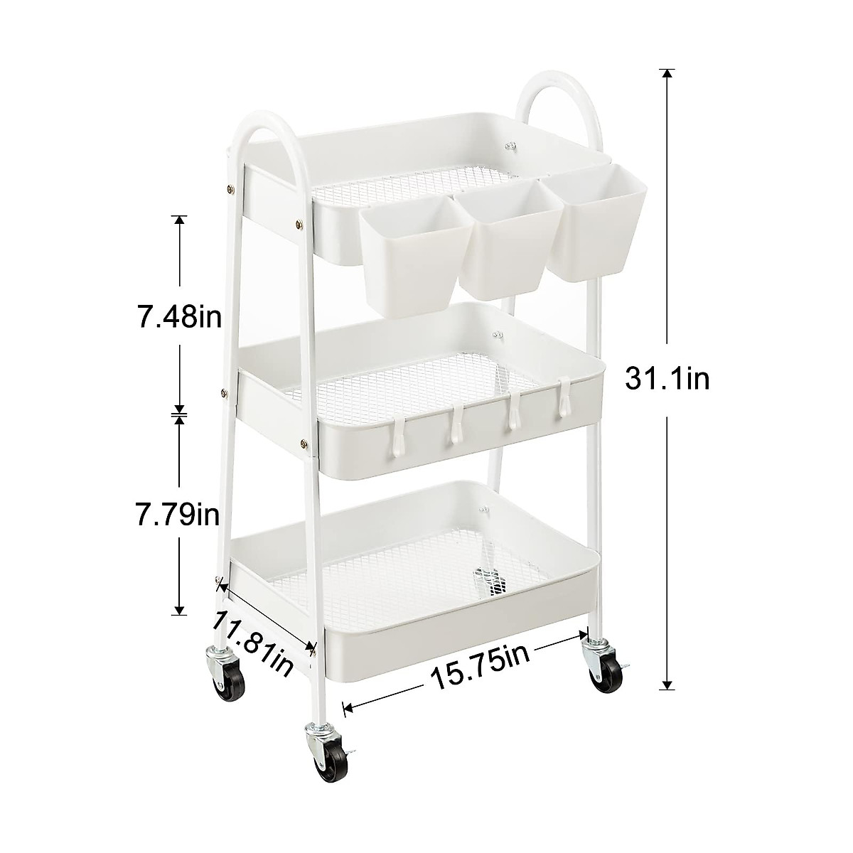 danpinera 3-Tier Rolling Cart, Metal Rolling Storage Cart with Lockable Wheels & Hanging Cups & Hooks, Mobile Trolley Cart for Kitchen, Bathroom, Office, Workshop, White