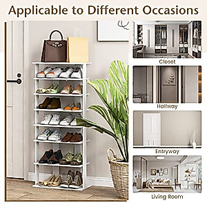 Tangkula 7-Tier Vertical Shoe Rack, Patented Entryway Wooden Double Rows Shoes Rack with Anti-Toppling Device, Narrow Shoe Rack Organizer, Space Saving Shoes Storage Stand for Front Door