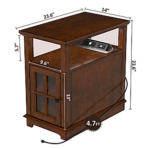 HIFYOBRO End Table with Hidden Charging Station, Narrow Side Table with Storage, Nightstand for Small Spaces with USB Ports & Power Outlets Bedside Table-Cherry