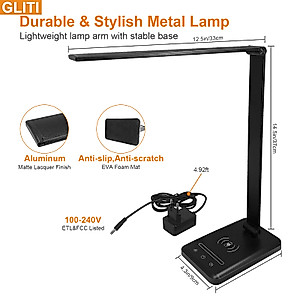 GLITI LED Desk Lamp with Wireless Charging，Dimmable Desk Light, 5 Light Colors, 6 Brightness Levels, Touch Control Table Lamp with USB Rechargeable, Auto Timer, for College Dorm, Home, Office