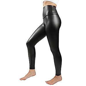 90 Degree By Reflex High Waist High Shine Faux Leather Fleece Lined Super High Waist Elastic Free Ankle Leggings - Black - Small