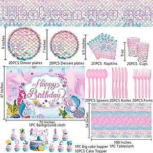 Mermaid Party Supplies Pink Mermaid Birthday Party Decorations Including Plate, Napkin, Cup, Tablecover, Happy Birthday Backdrop, Pink Mermaid Balloon Arch Kit for Girls Baby Shower, Serves 20