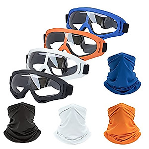 LJDJ Motorcycle Goggles,4 Pack Dirt Bike ATV Motocross Anti-UV Adjustable Riding Offroad Protective with 4 Pack Neck Breathable Bandana Mask for Men Women Kids Youth Adult