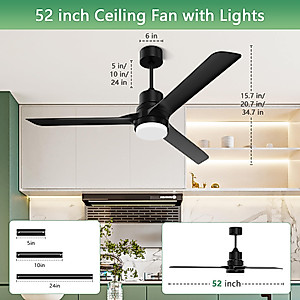 BECLOG Ceiling Fans with Lights and Remote, 52 Inch Ceiling Fan Outdoor Indoor Black Noiseless Reversible DC Motor for Patio Farmhouse Bedroom