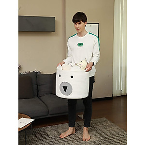 Bear Basket, Animal Basket, Large Cotton Rope Basket, Large Storage Basket, Woven Laundry Hamper, Cloth Storage Bin, for Clothes in Bedroom (White, 18"x15")