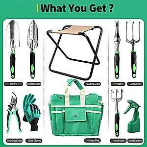 Yongkist 9 PCS All-in-one Garden Tools Set, Heavy Duty Cast-Aluminium Alloy Gardening Tools Kit with Folding Stool Seat&Detachable Canvas Tool Bag , Non-Slip Rubber Grip, Outdoor Hand Tools
